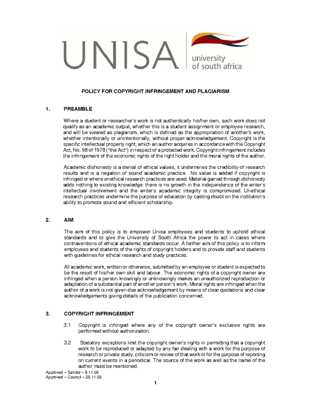 Unisa Plagiarism Policy - POLICY FOR COPYRIGHT INFRINGEMENT AND ...