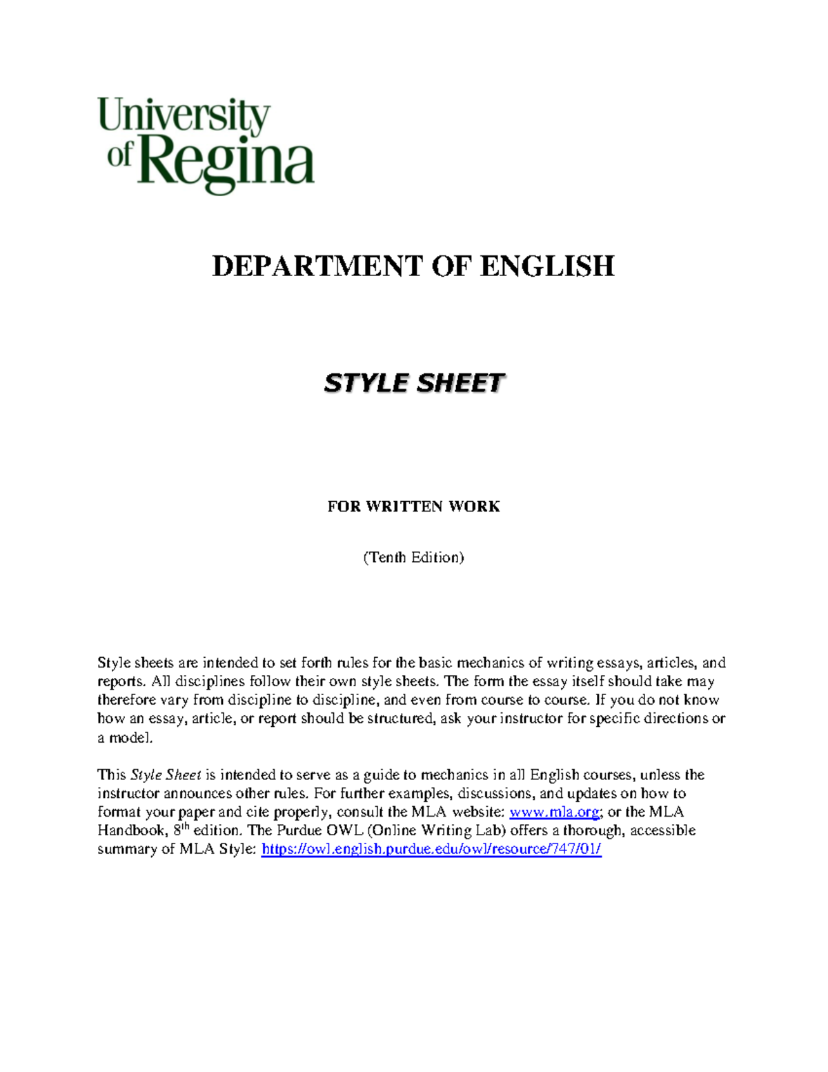 English Style Sheets - DEPARTMENT OF ENGLISH STYLE SHEET FOR WRITTEN ...