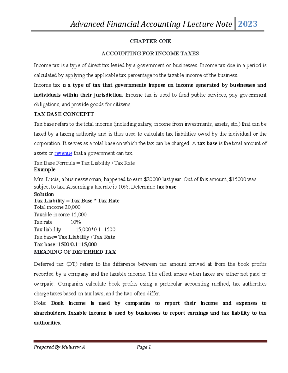 Chapter 1 Edited - lecture note - CHAPTER ONE ACCOUNTING FOR INCOME ...