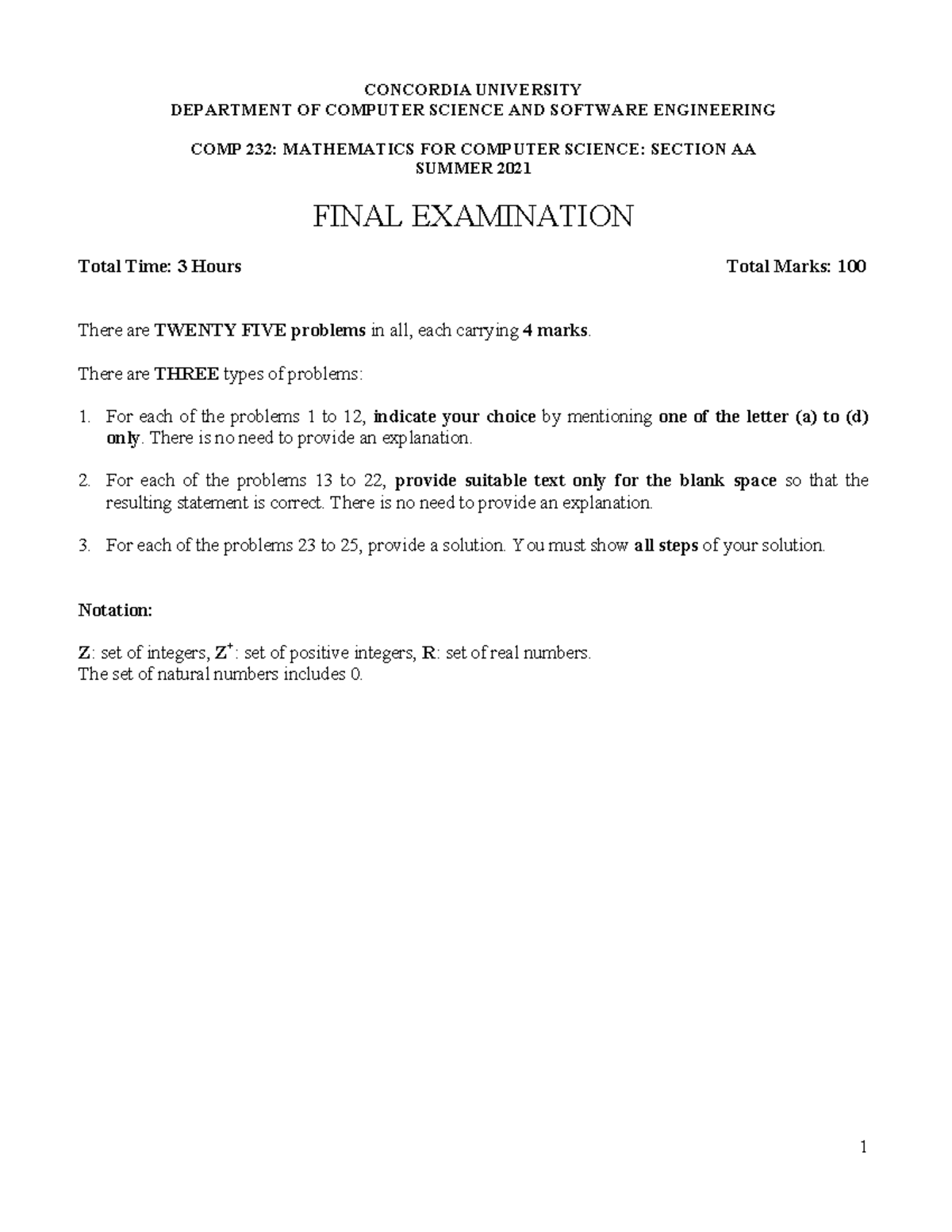 Summer final exam - DEPARTMENT OF COMPUTER SCIENCE AND SOFTWARE ENGINEERING CONCORDIA UNIVERSITY ...