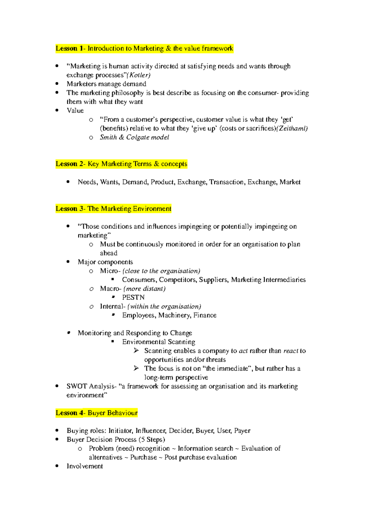 Marketing Notes - Lesson 1- Introduction to Marketing & the value ...