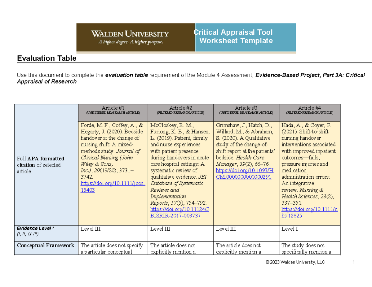 Week 4 EBP - week 4 - Evaluation Table Use this document to complete the evaluation table - Studocu