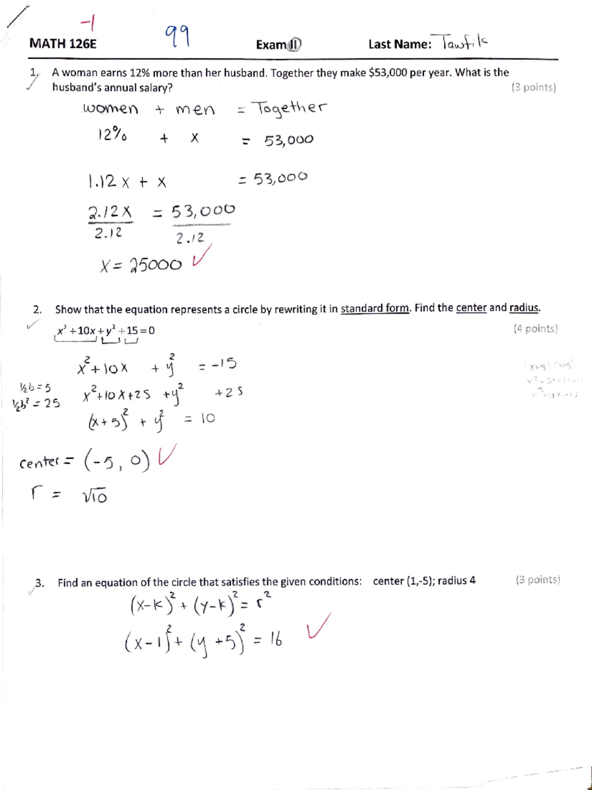 Math 126 Exam 2 - precalculus I Exam 1 - / -{ MATH 126E Exam@ Last Name ...