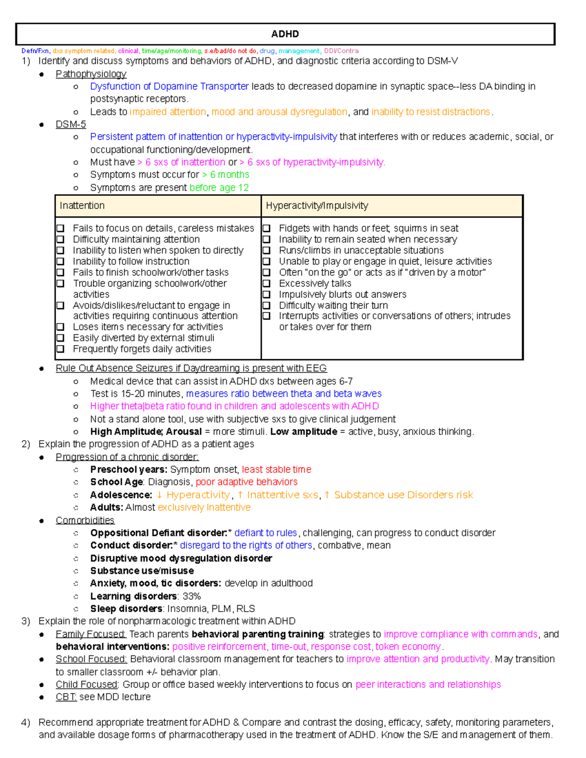 ADHD - Lecture notes 12, 13 - ADHD Defn/Fxn, dxs symptom related ...