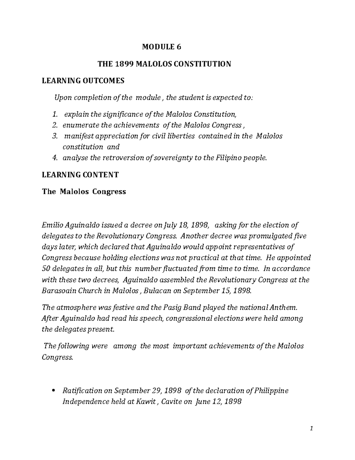 Module 14 The 1899 Malolos Constitution - MODULE 6 THE 1899 MALOLOS CONSTITUTION LEARNING ...