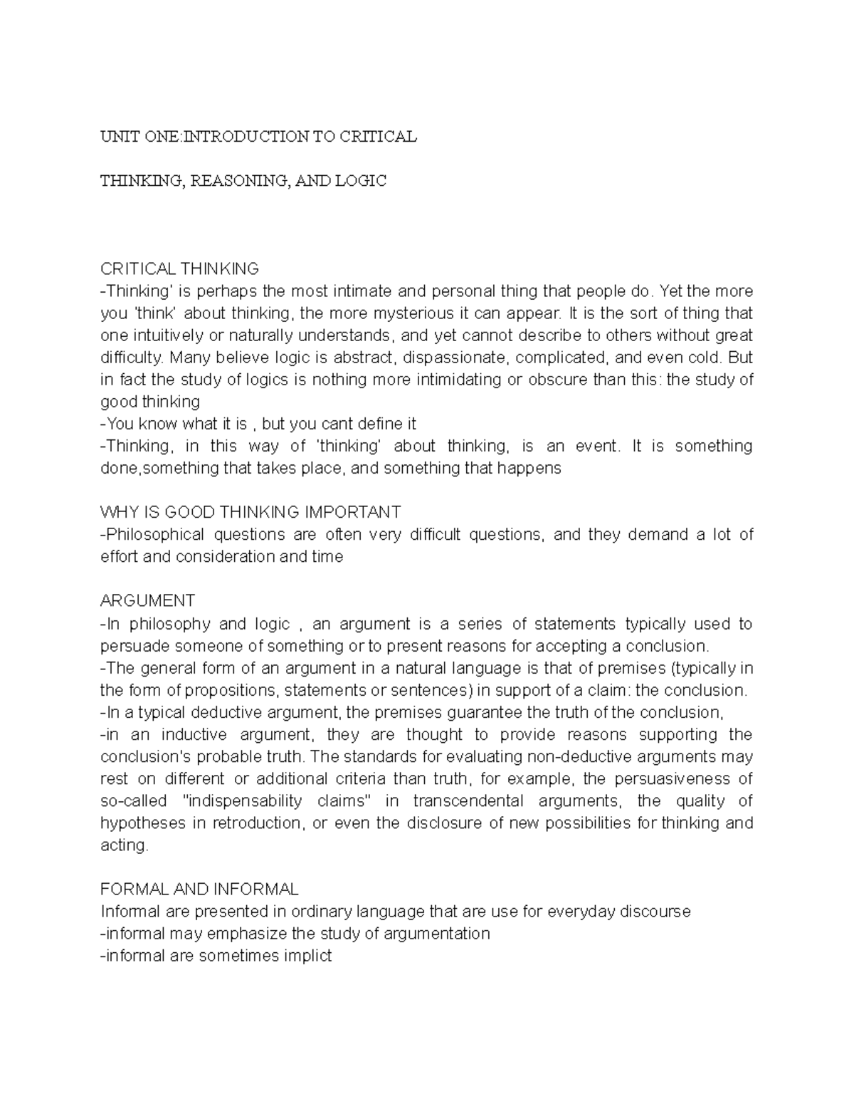 PHI MOD 2 - Notes taken for PHI 108 - UNIT ONE:INTRODUCTION TO CRITICAL ...