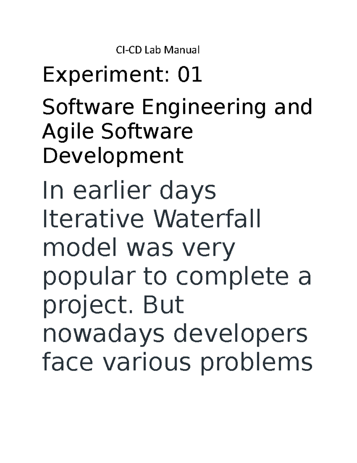 CICD LAB - Lab manual - CI-CD Lab Manual Experiment: 01 Software Engineering and Agile Software ...