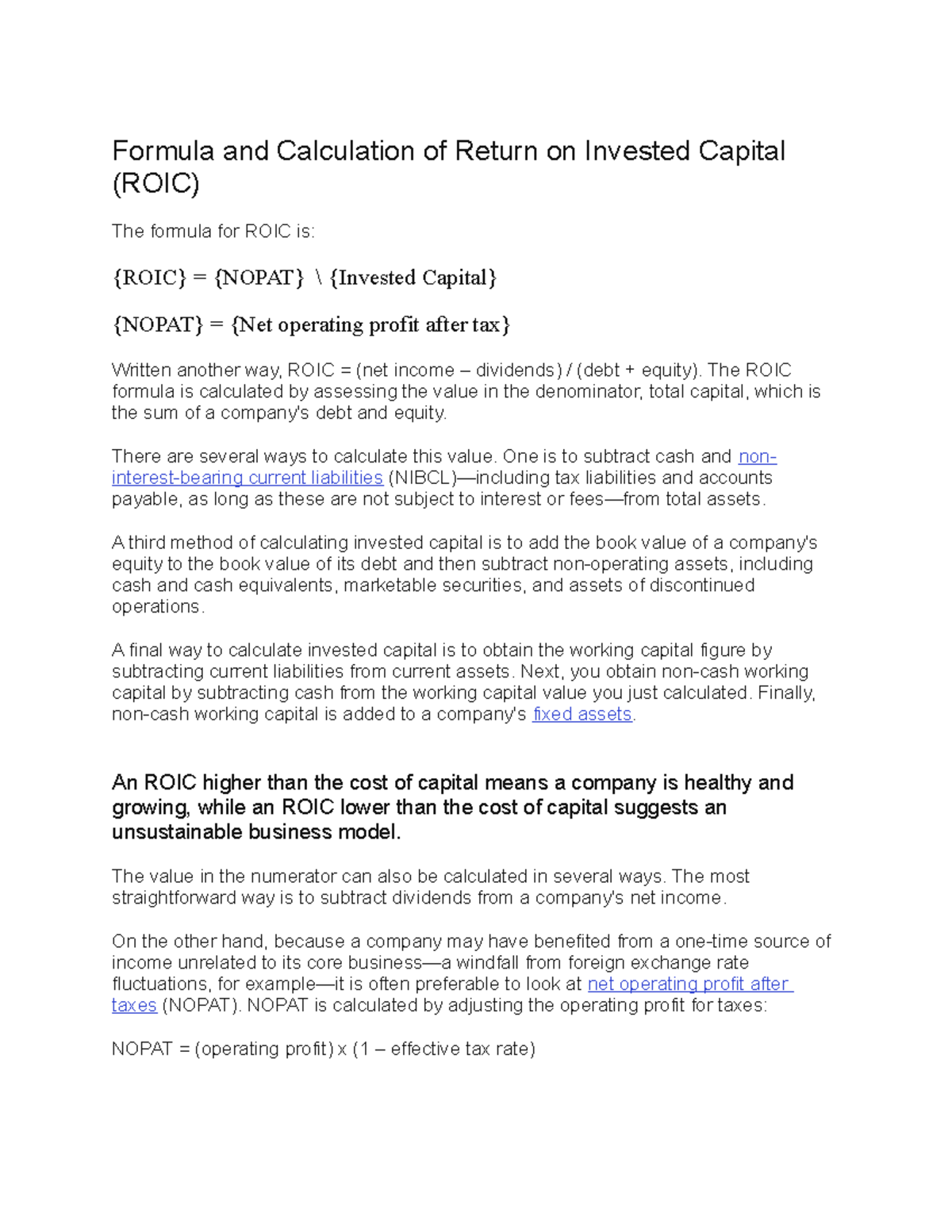Formula and Calculation of Return on Invested Capital - The ROIC ...