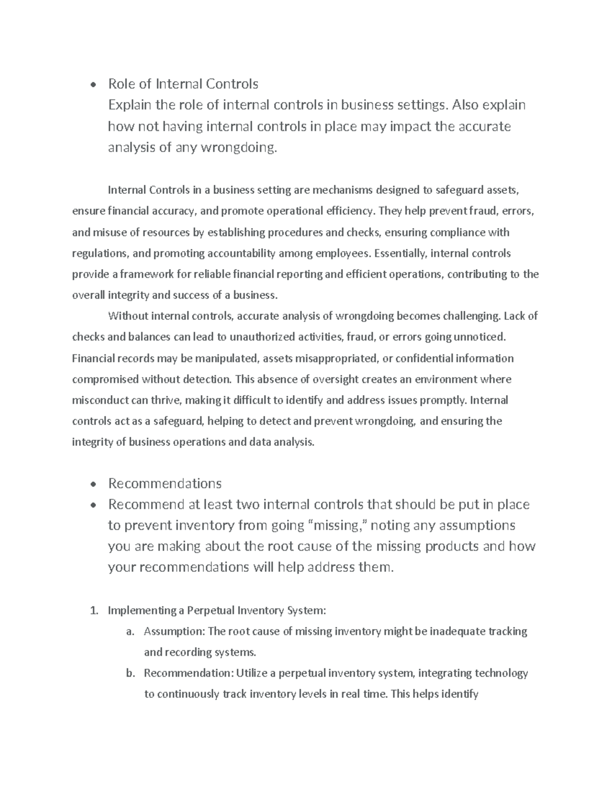 4-1 Assignment Internal Controls - Copy - • Role of Internal Controls Explain the role of ...