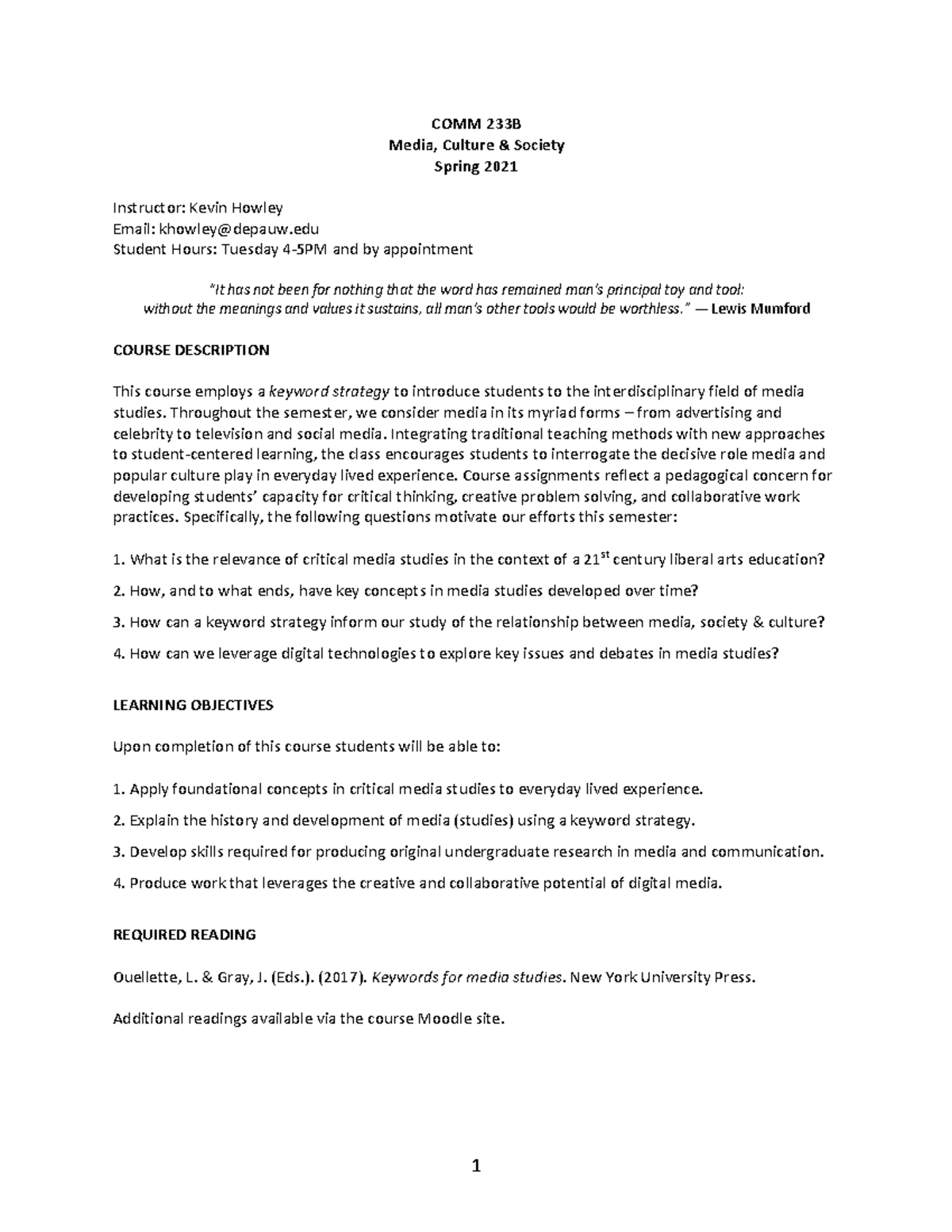 COMM 233 B Syllabus - COMM 233B Media, Culture & Society Spring 2021 ...