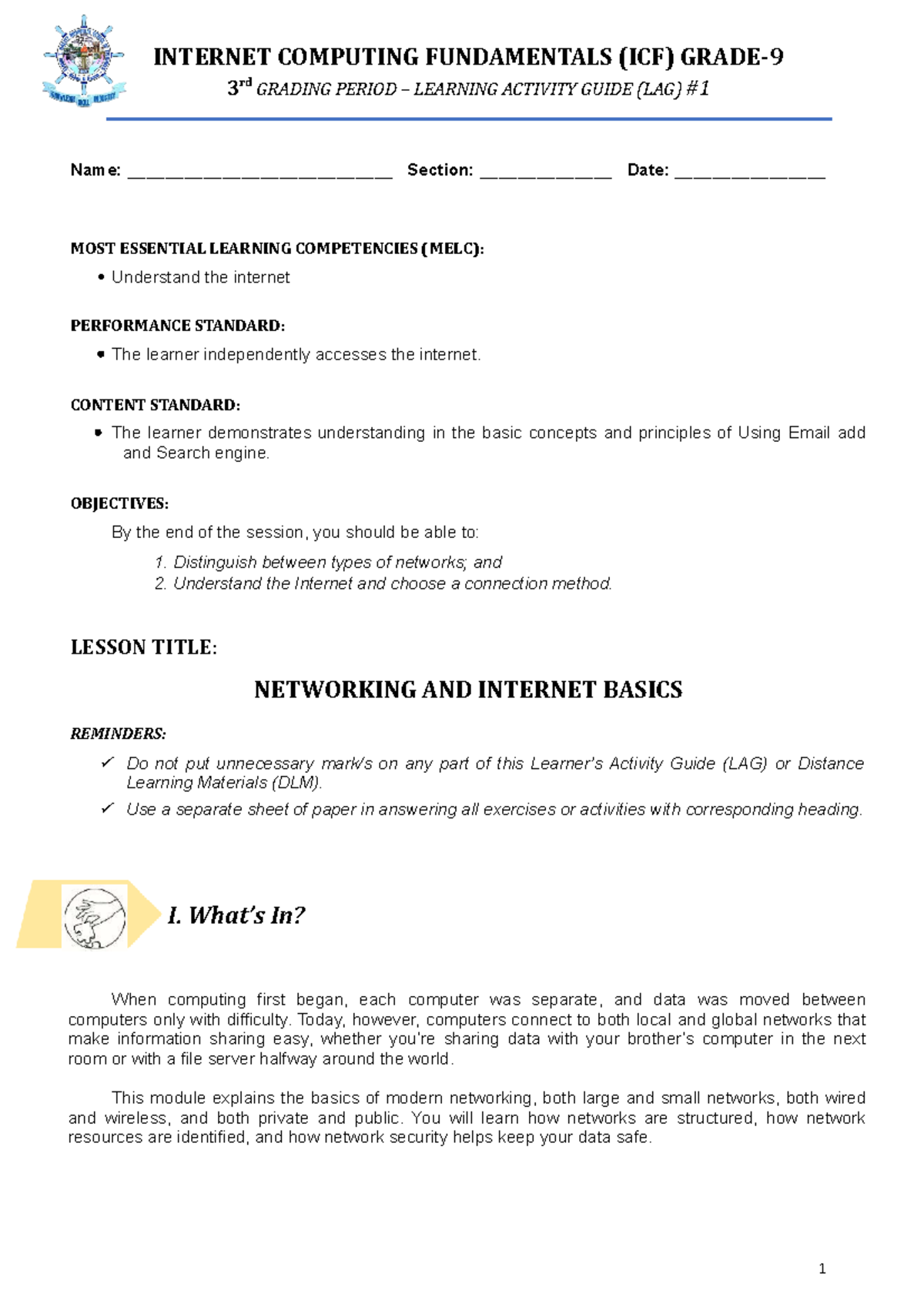3rd GP - ICF 9 - LAG#1(Week 1-2) - MELC 1 - Networking AND Internet Basics - INTERNET COMPUTING ...