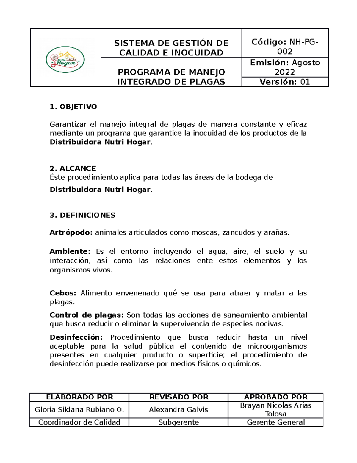 NH-PG-002- Programa DE Manejo Integrado DE Plagas - SISTEMA DE GESTIÓN DE CALIDAD E INOCUIDAD ...