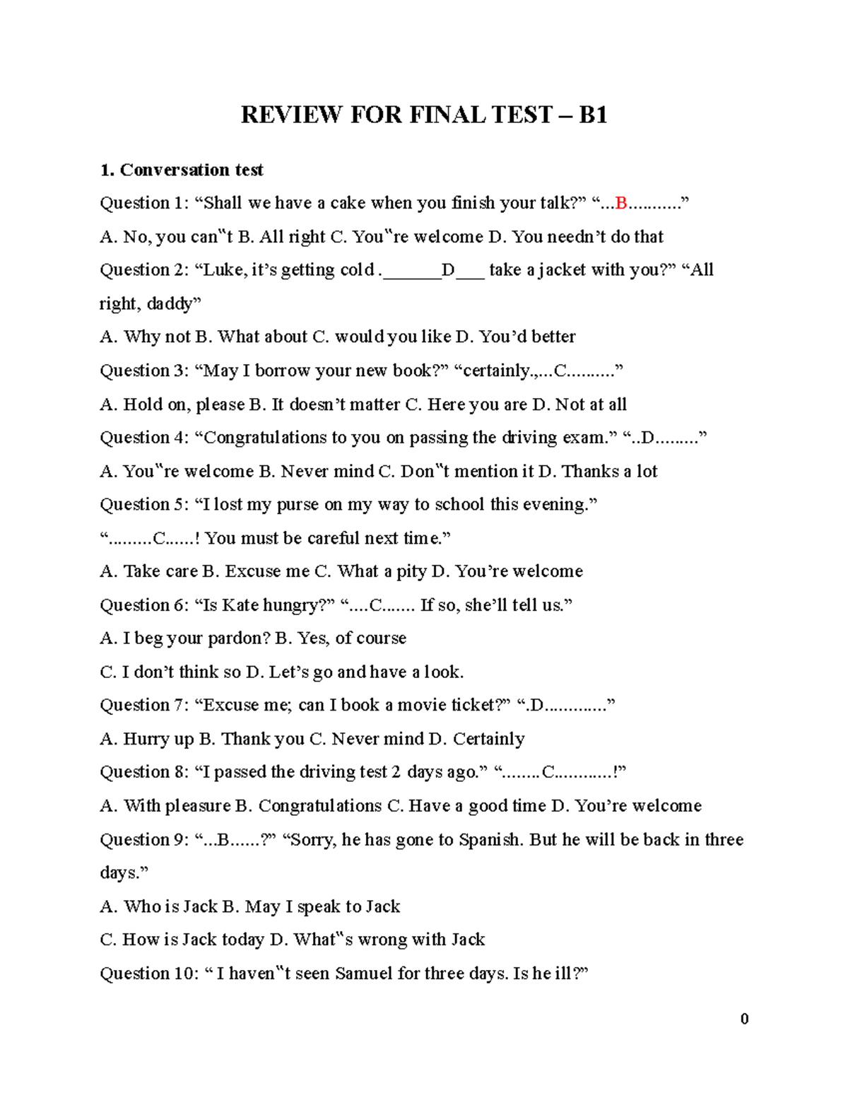 F2F- Review-FOR- Final-TEST - REVIEW FOR FINAL TEST – B Conversation ...