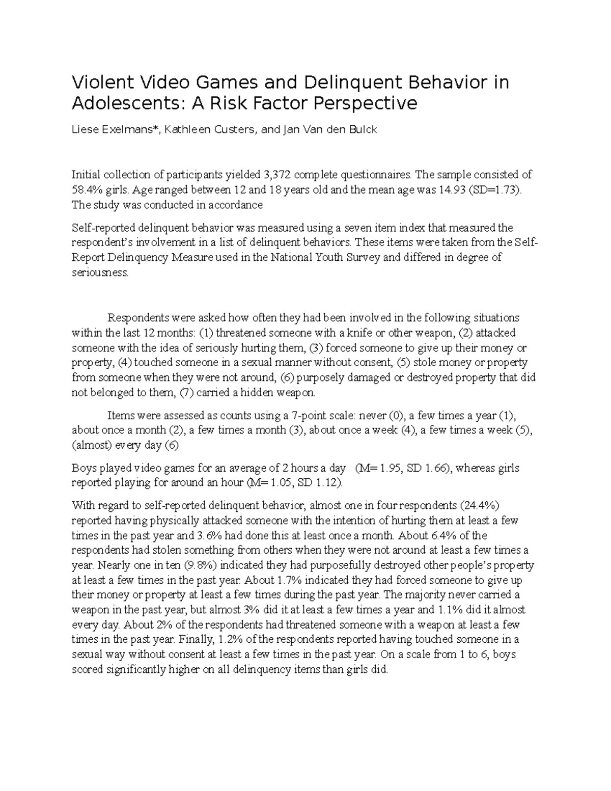 Violent Video Games and Delinquent Behavior in - Violent Video Games ...