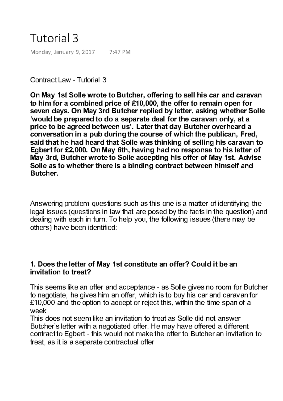 Contract law tutorial 3 - Contract Law -Tutorial 3 On May 1st Solle ...