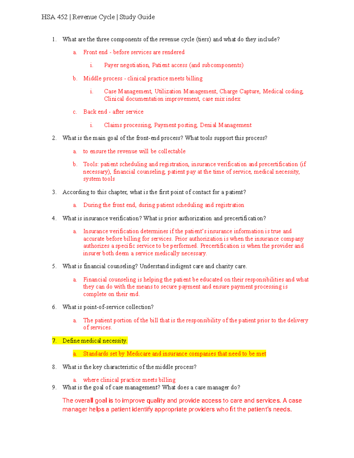 452 Study Guide Revenue Cycle Class Version - HSA 452 | Revenue Cycle ...