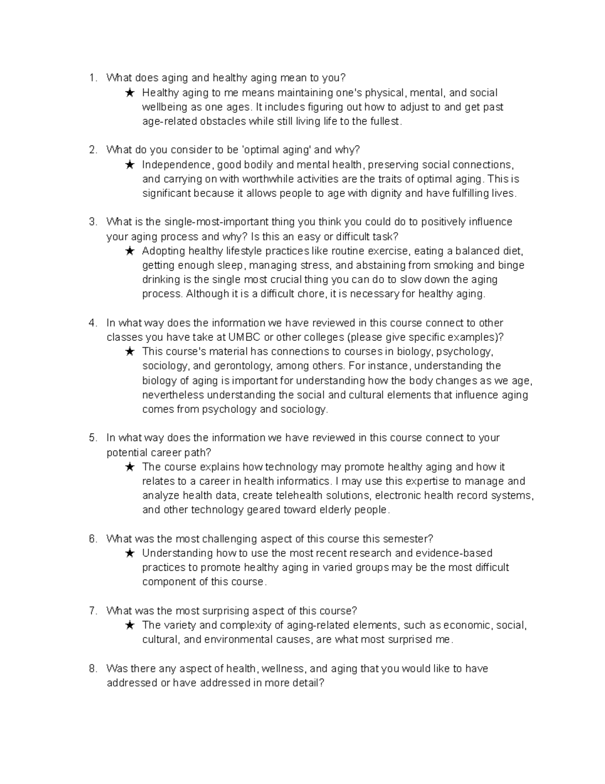 315 Course reflection paper - What does aging and healthy aging mean to ...