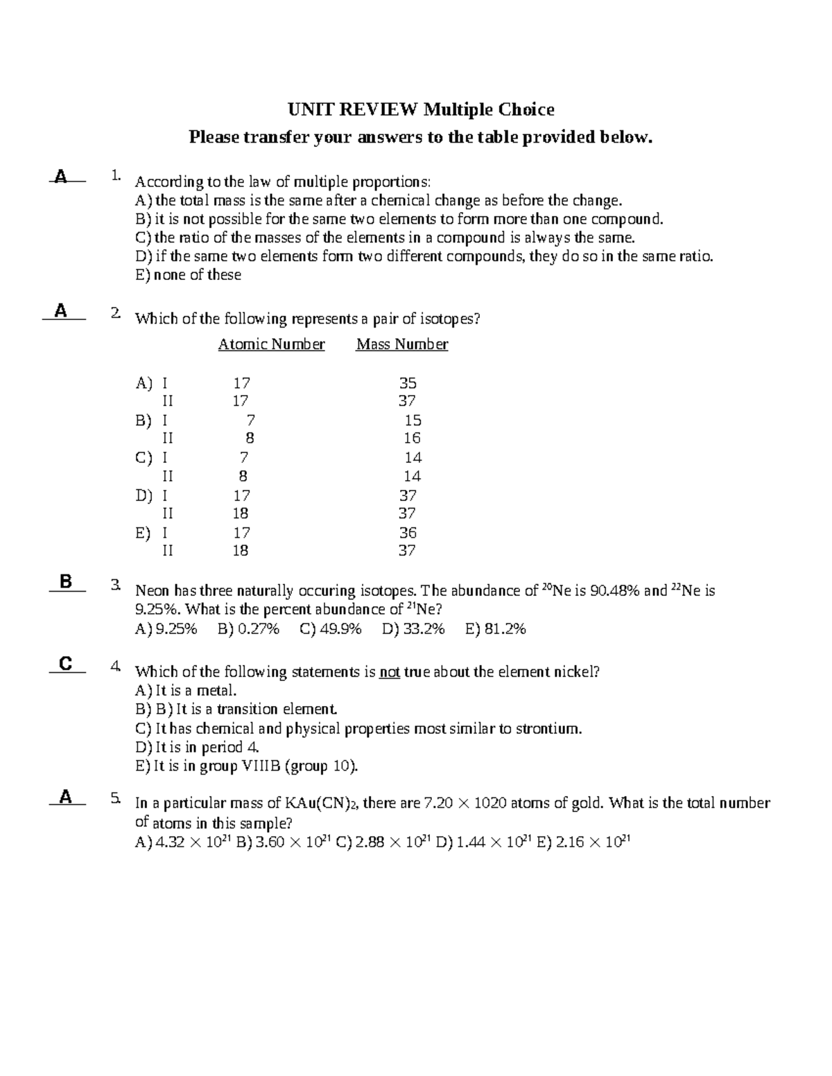 Unit Review Multiple Choice - UNIT REVIEW Multiple Choice Please ...