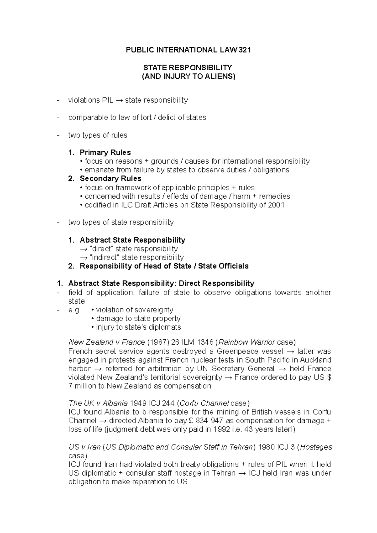 Public International LAW 321 Lecture Plan - State Responsibility - PUBLIC INTERNATIONAL LAW 321 ...