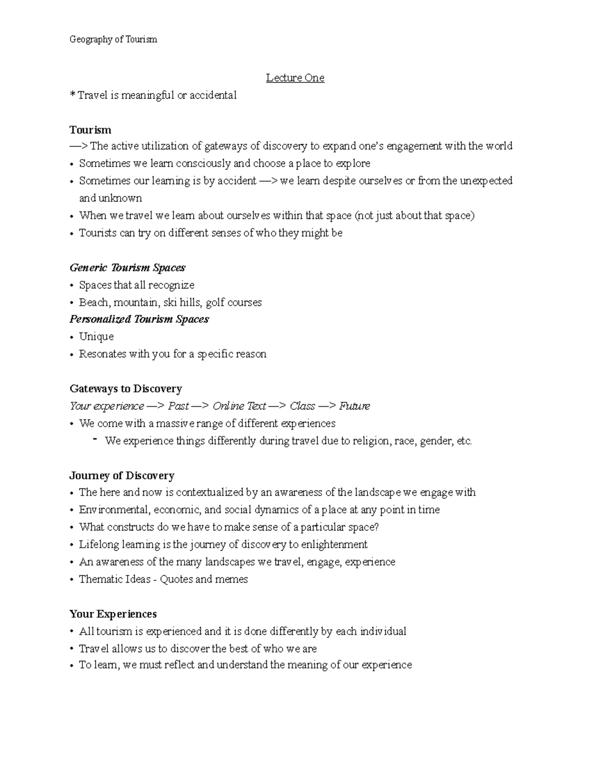 Geo Of Tourism Midterm Notes - Geography of Tourism Lecture One ...