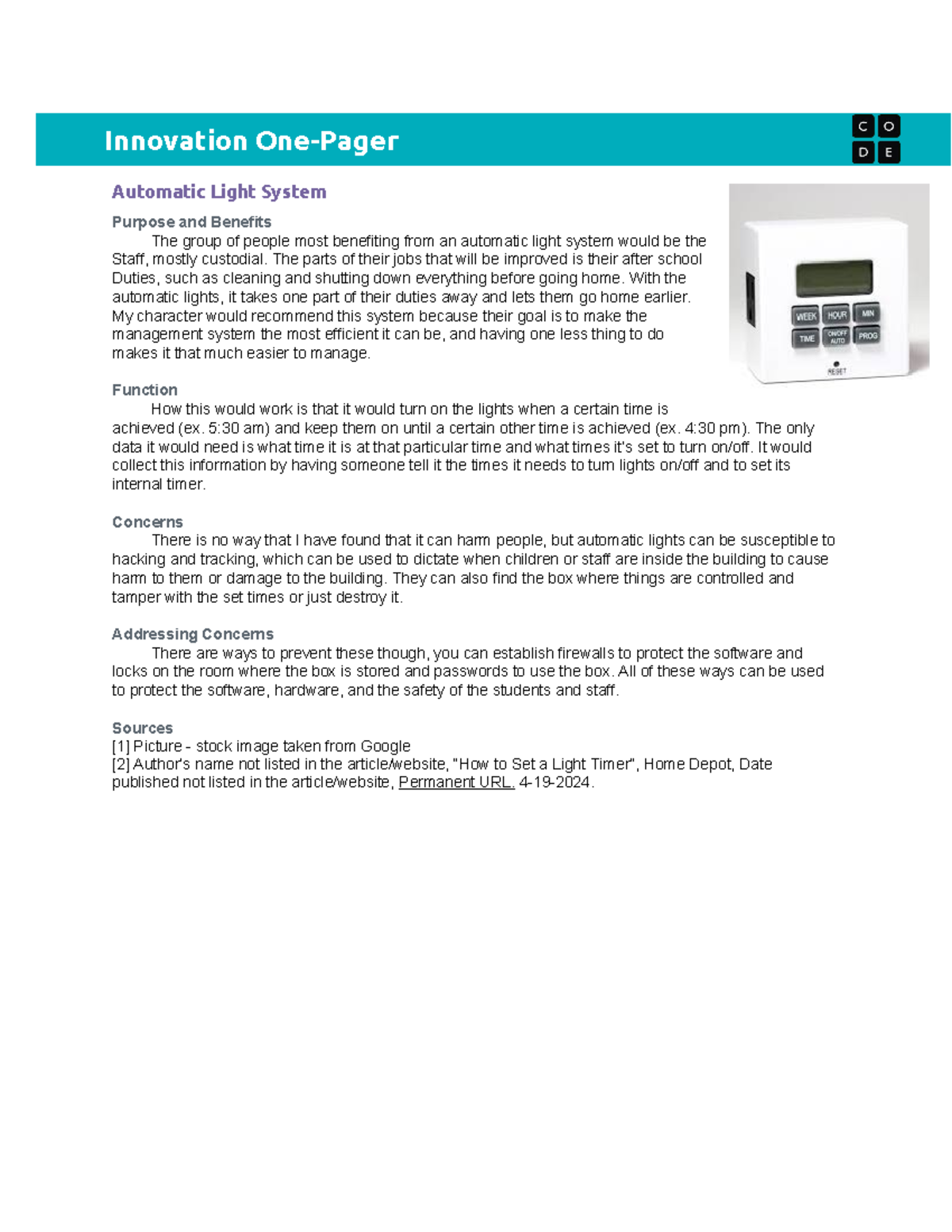 Copy of One Pager - asdasd - Innovation One-Pager Automatic Light ...