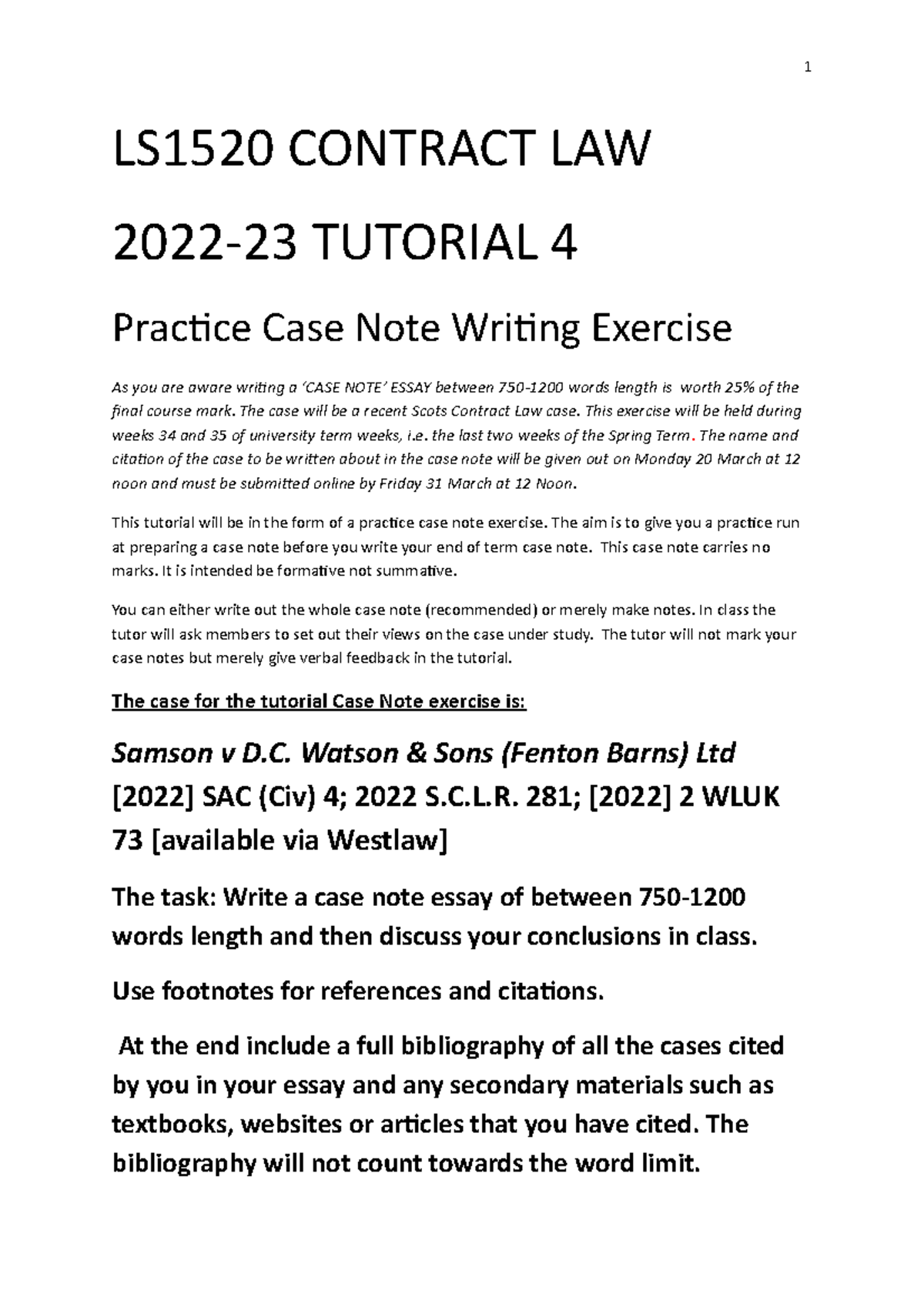 LS1520 Tutorial 4Exercise 23 - 1 LS1520 CONTRACT LAW 2022-23 TUTORIAL 4 Practice Case Note ...