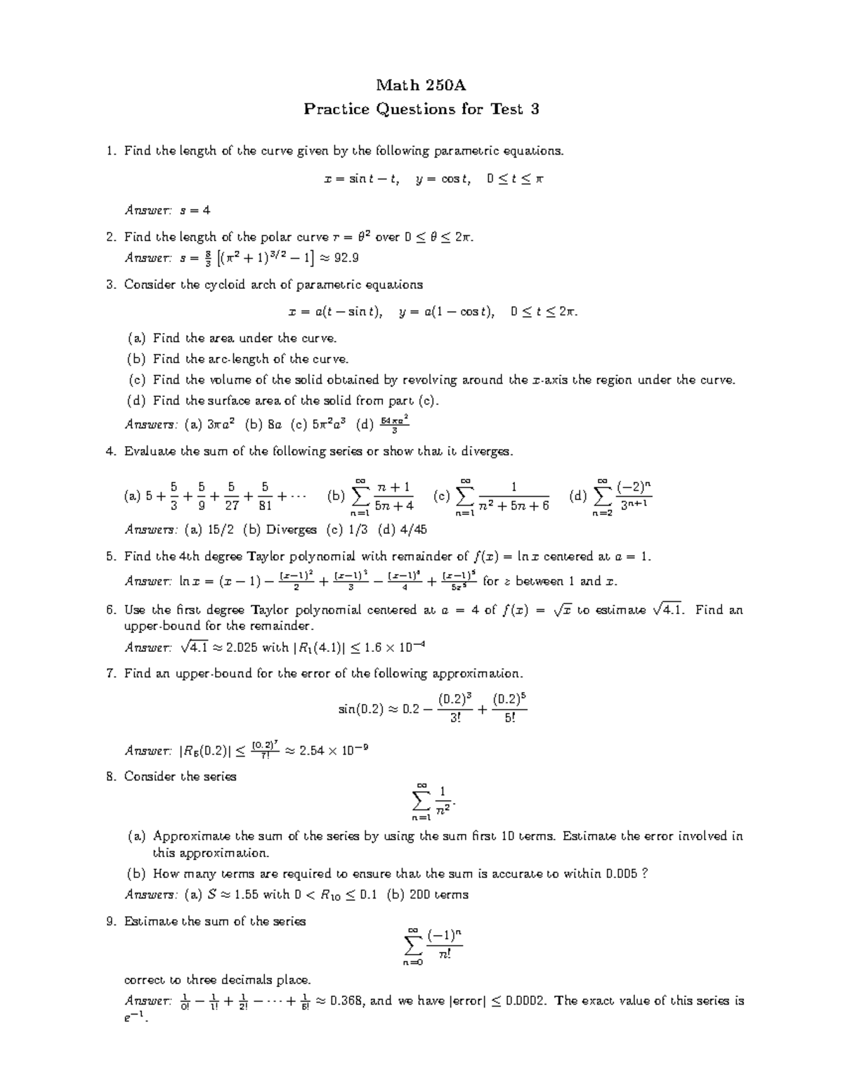 Test 2016, questions and answers - Math 250A Practice Questions for ...