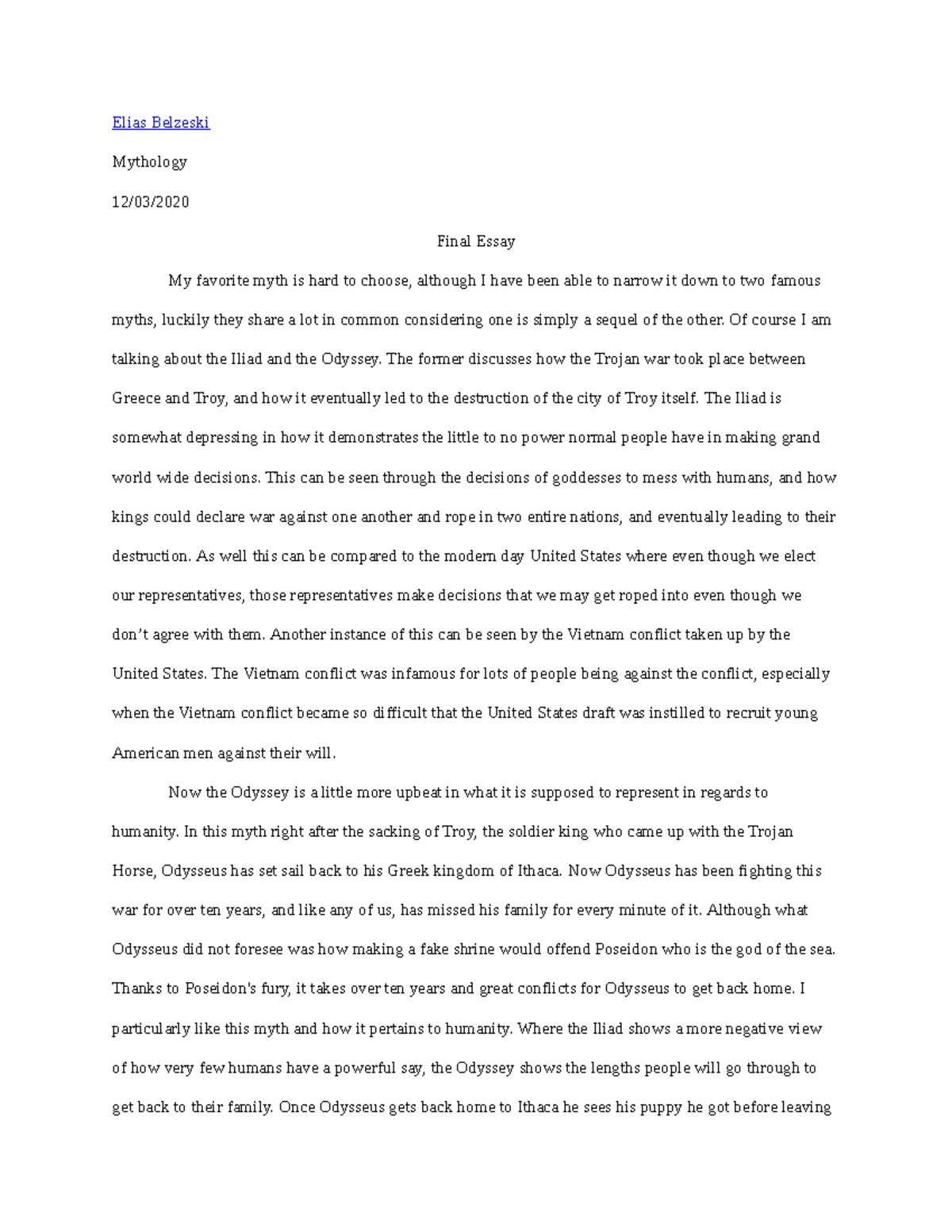 Final paper - Elias Belzeski Mythology 12/03/ Final Essay My favorite ...