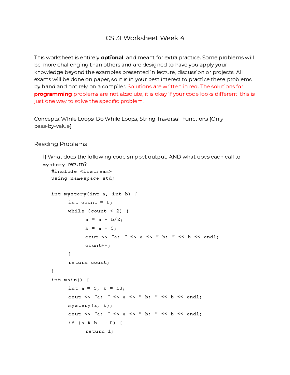 Computer Science 31 - Professor SmallBerg - Worksheet 4 solutions - CS 31 Worksheet Week 4 This ...