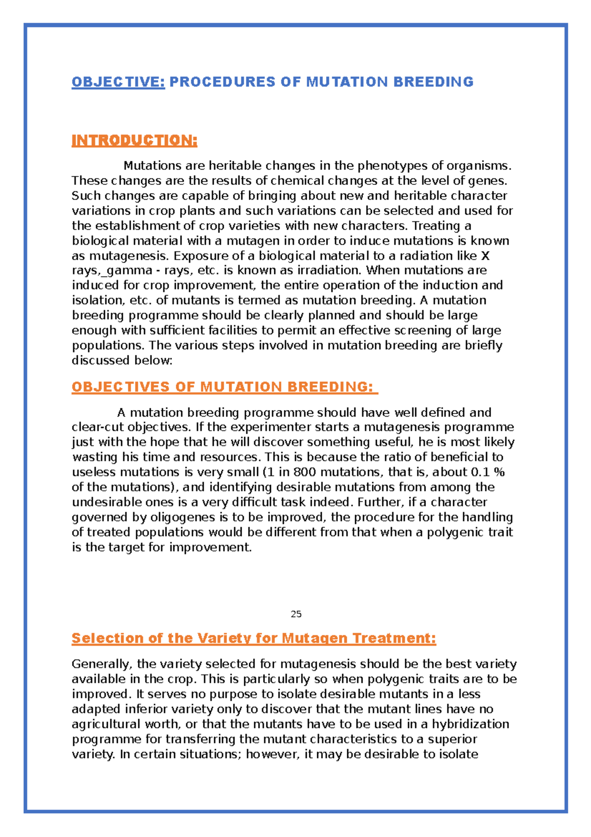 Procedure FOR Mutation Bredding - OBJECTIVE: PROCEDURES OF MUTATION ...