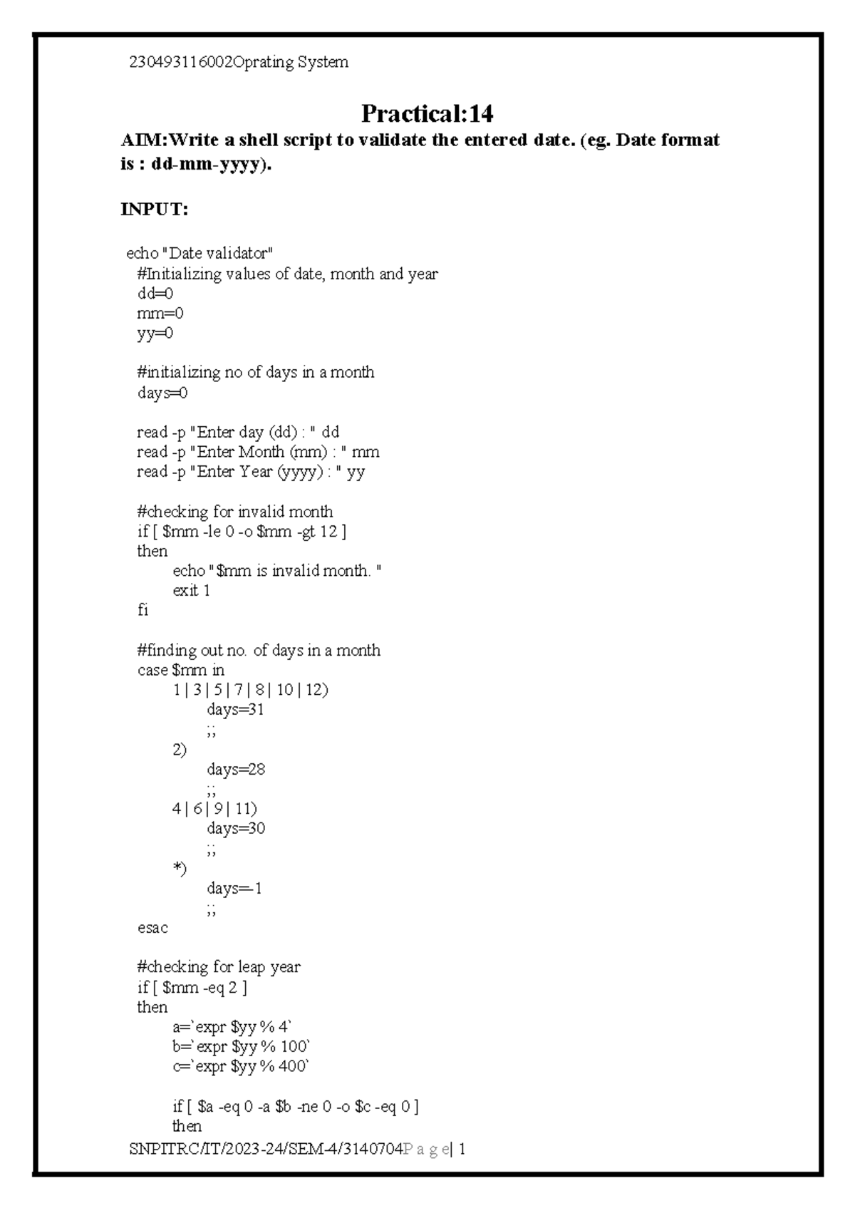 Practical 14 - 230493116002Oprating System SNPITRC/IT/2023-24/SEM-4/3140704P a g e| 1 Practical ...