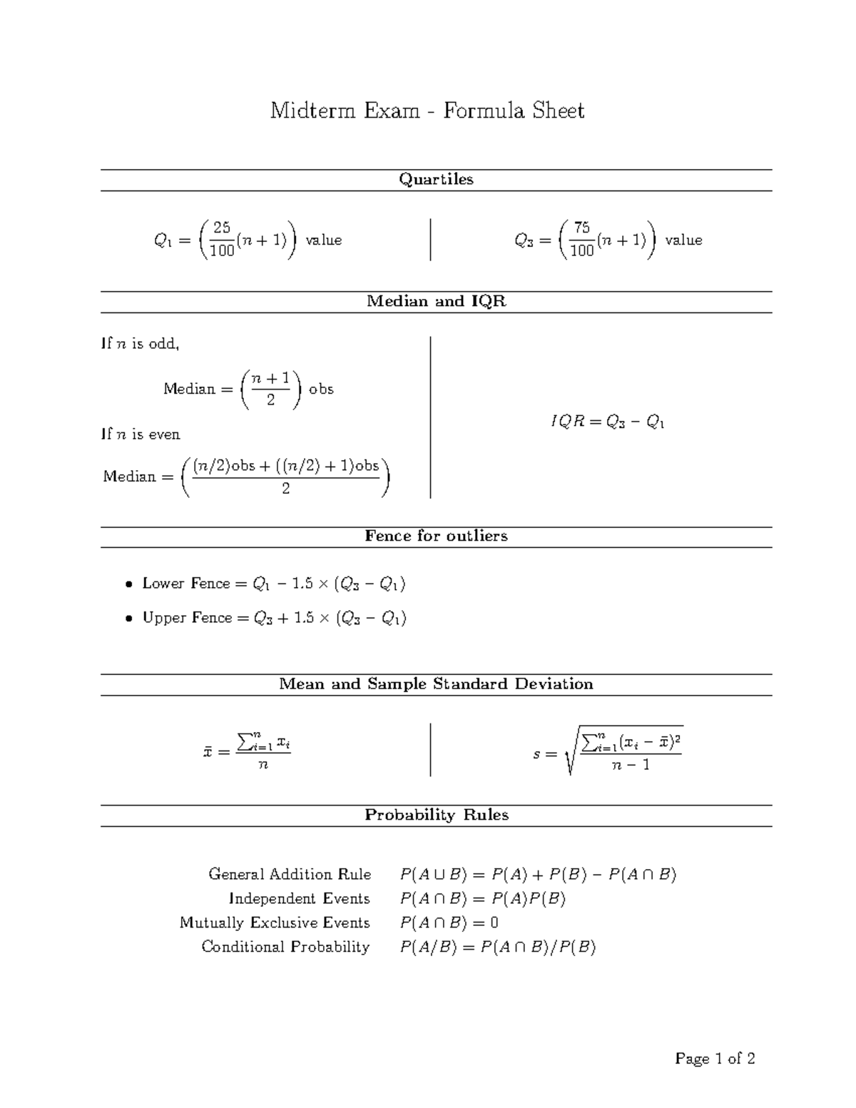 Formula Sheet - Midterm Exam - Formula Sheet Quartiles Q 1 = ( 25 100 ...