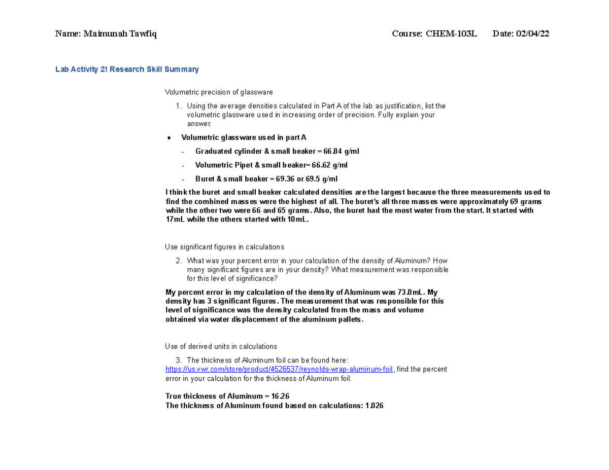 Lab 2 - Measurements, Density, and Significant Figures - CHEM103L ...