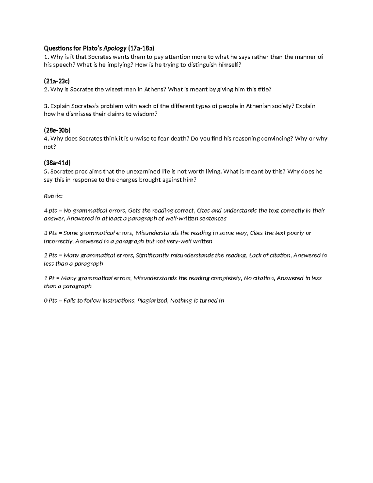 Questions for Plato’s Apology of Socrates - Questions for Plato’s ...
