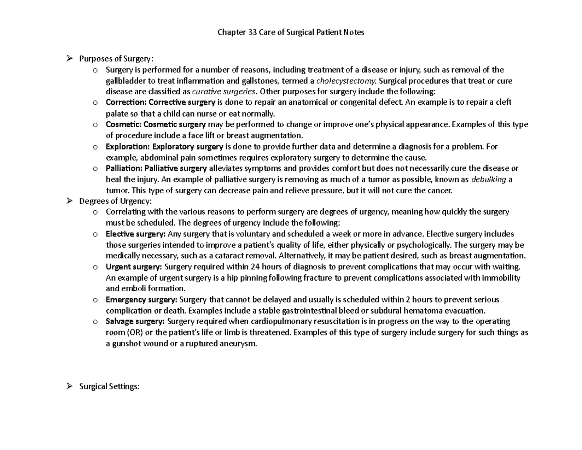 Notes on Purposes of Surgery - NUR101 - Studocu