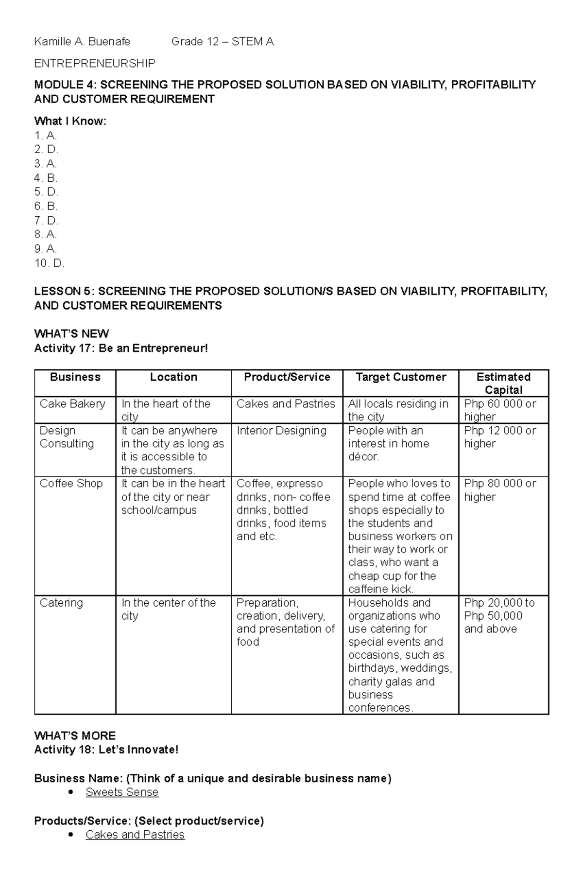 Entrepreneurship 3rd week answers - Kamille A. Buenafe Grade 12 – STEM ...