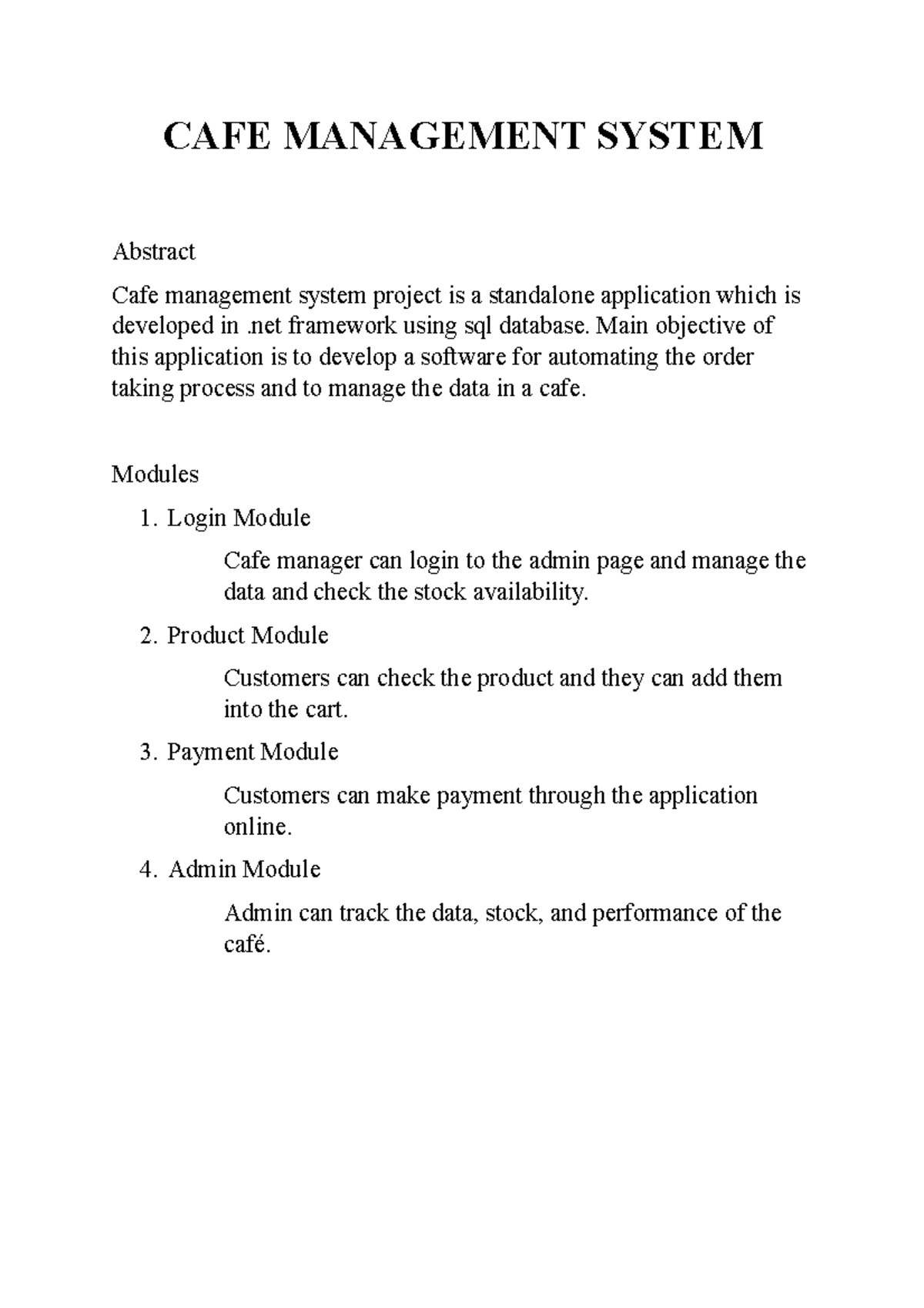 Cafe Management System Project Report Cafe Management System Abstract Cafe Management System