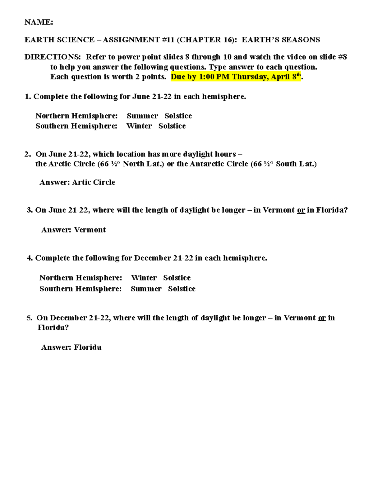 Chapter 16 Assignment (The Atmosphere) - NAME: EARTH SCIENCE ...