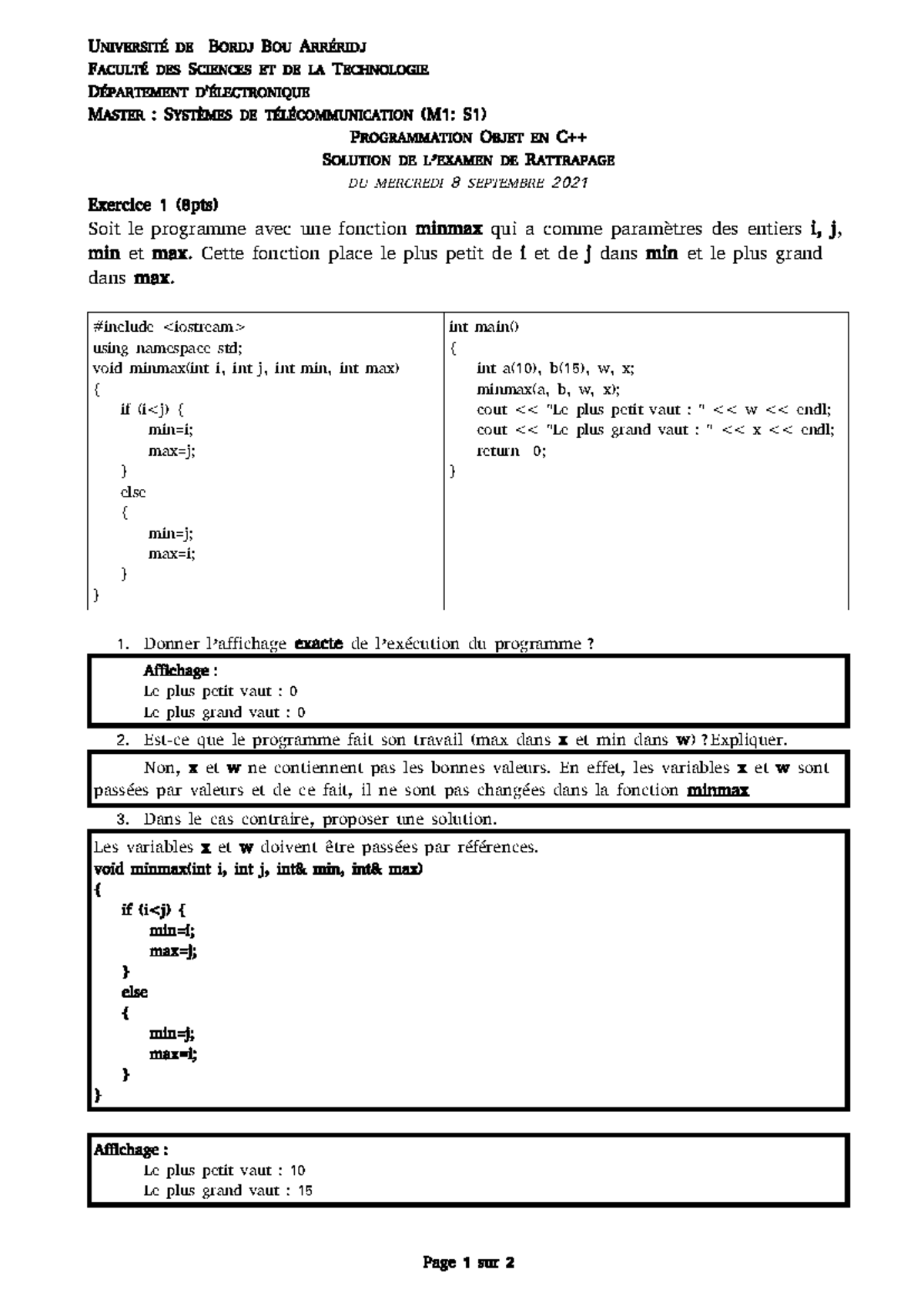 Solution-Examen 2 Programmation Orientée Objet en C++ - UNIVERSITÉ DE BORDJ BOU ARRÉRIDJ FACULTÉ ...