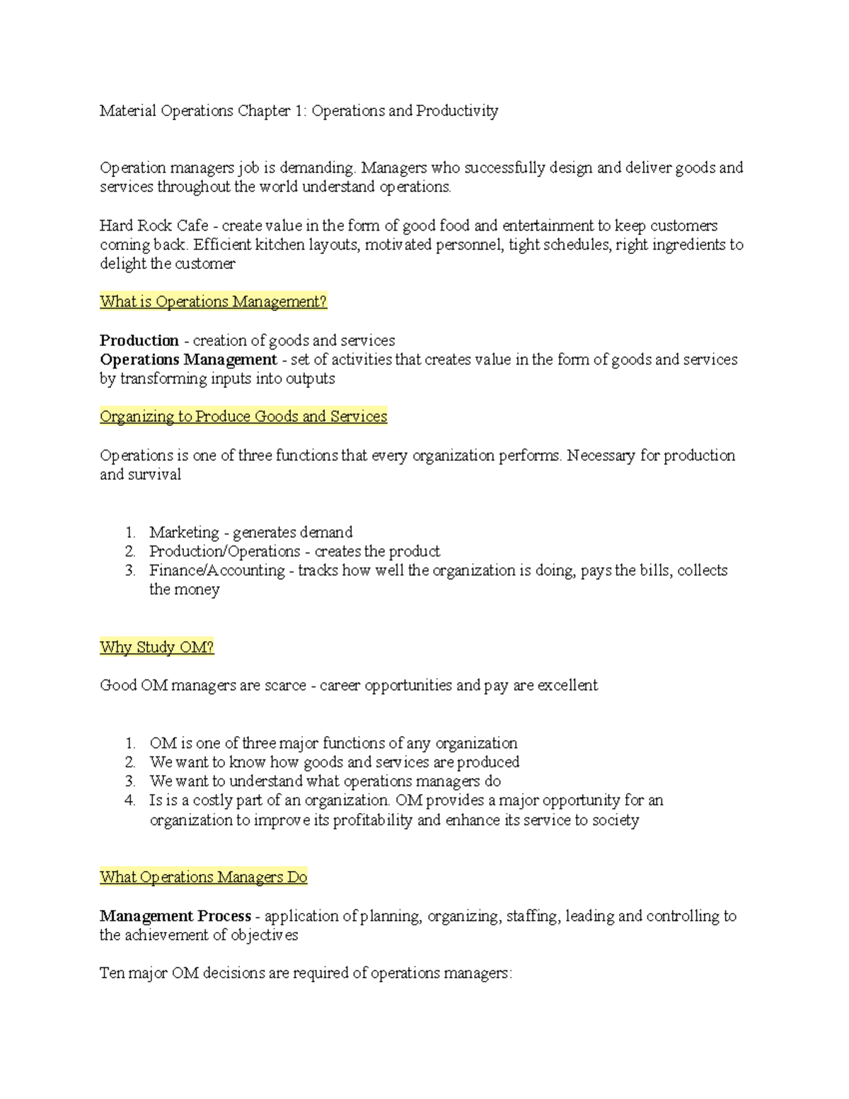 Material Operations Chapter 1-9 - Managers who successfully design and ...
