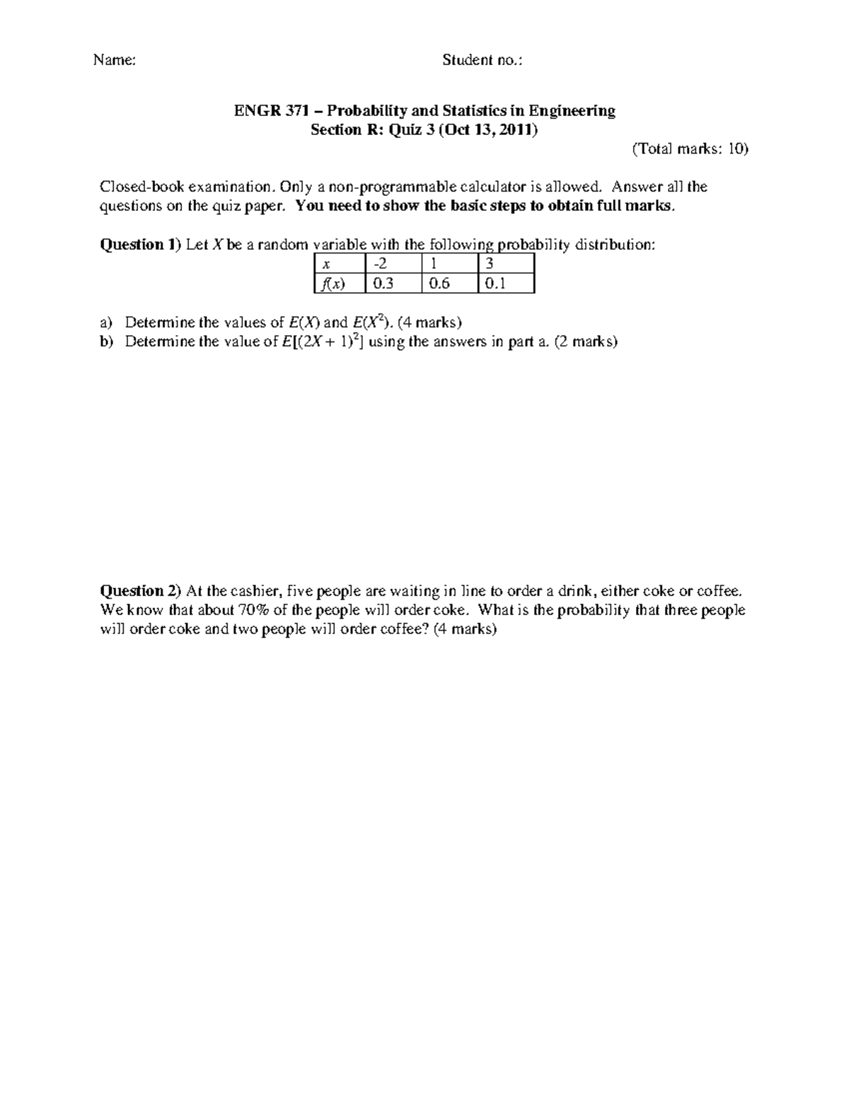 Quiz #3 [Solutions] - ENGR 371 – Probability and Statistics in ...