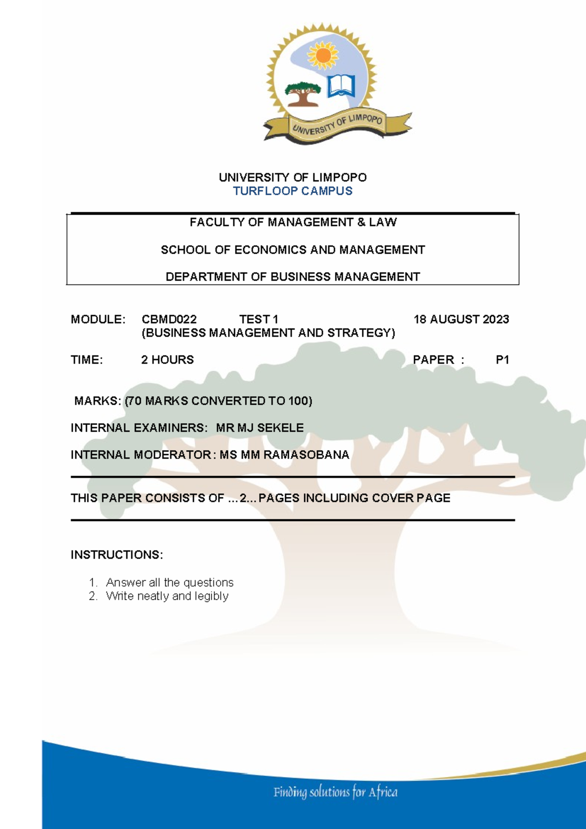 CBMD022 TEST 1 2023 - Test 1 from 2023 - UNIVERSITY OF LIMPOPO TURFLOOP ...