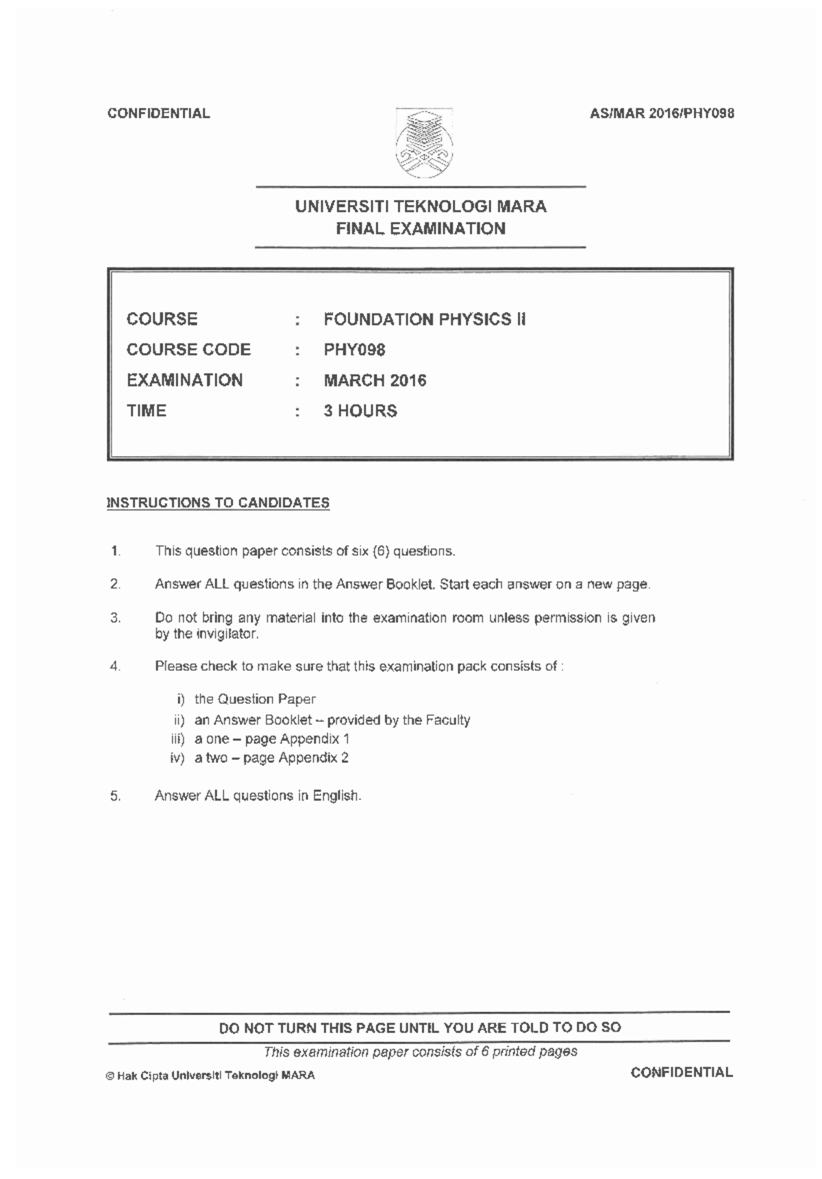 Final EXAM PHY098 MAC 2016 - Foundation in Physics - Studocu