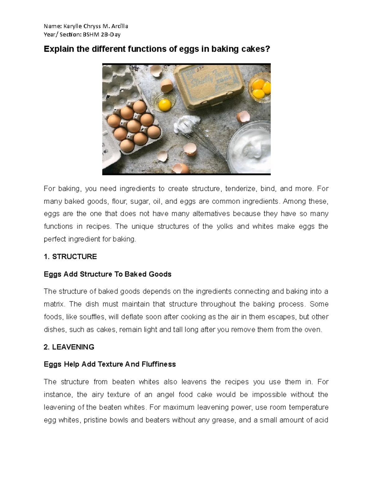 Lec Functions Of Eggs In Baking Year Section Bshm 2b Day Explain The Different Functions