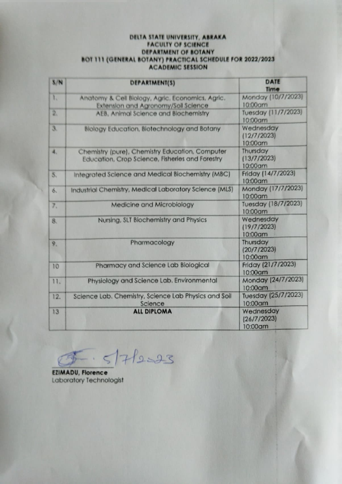 BOT 111 practical schedule 2022-2023 Academic session - Gross anatomy ...