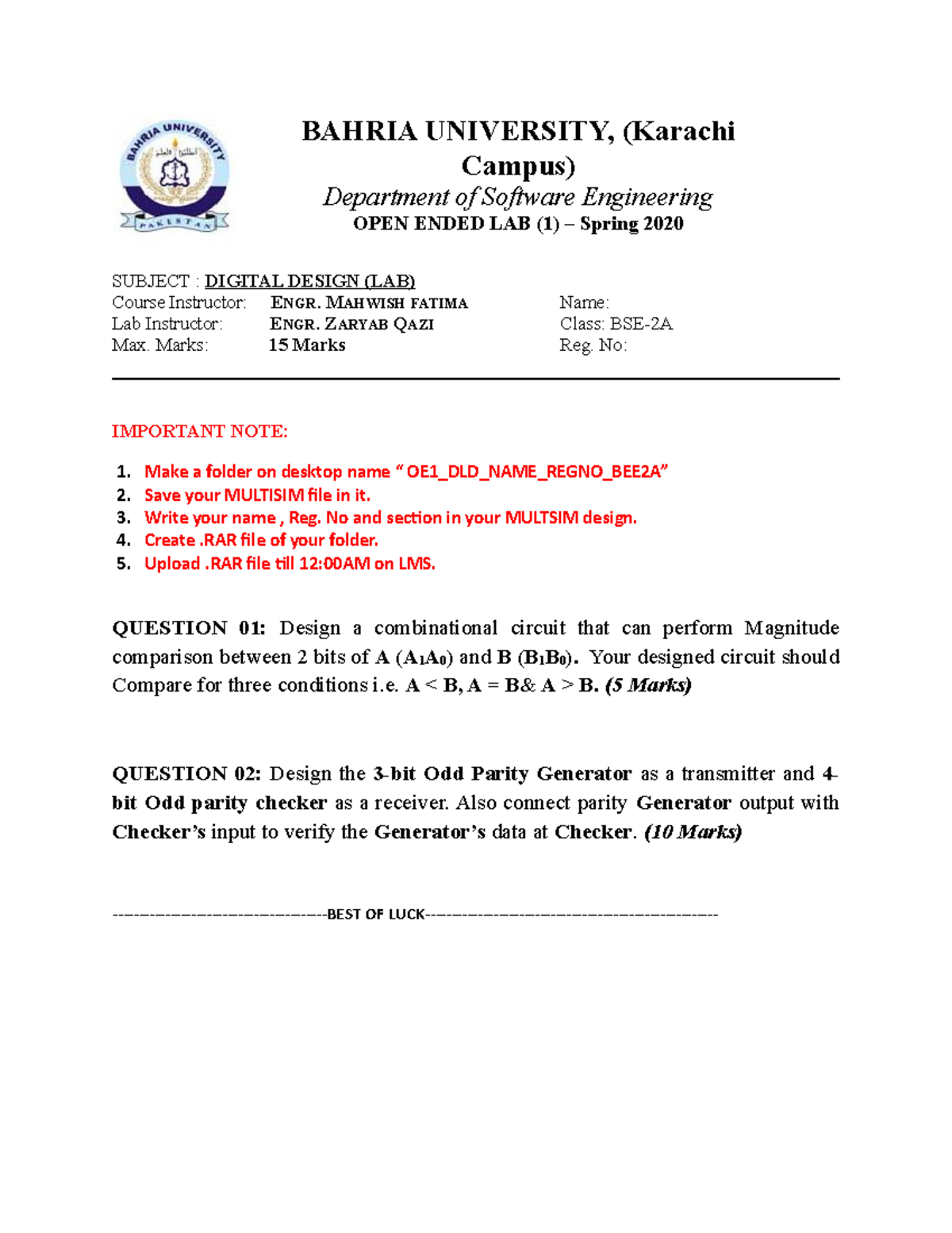 OEL 1 BSE 2A Final Oel 16052020 0535398776655446778887777 am - BAHRIA ...