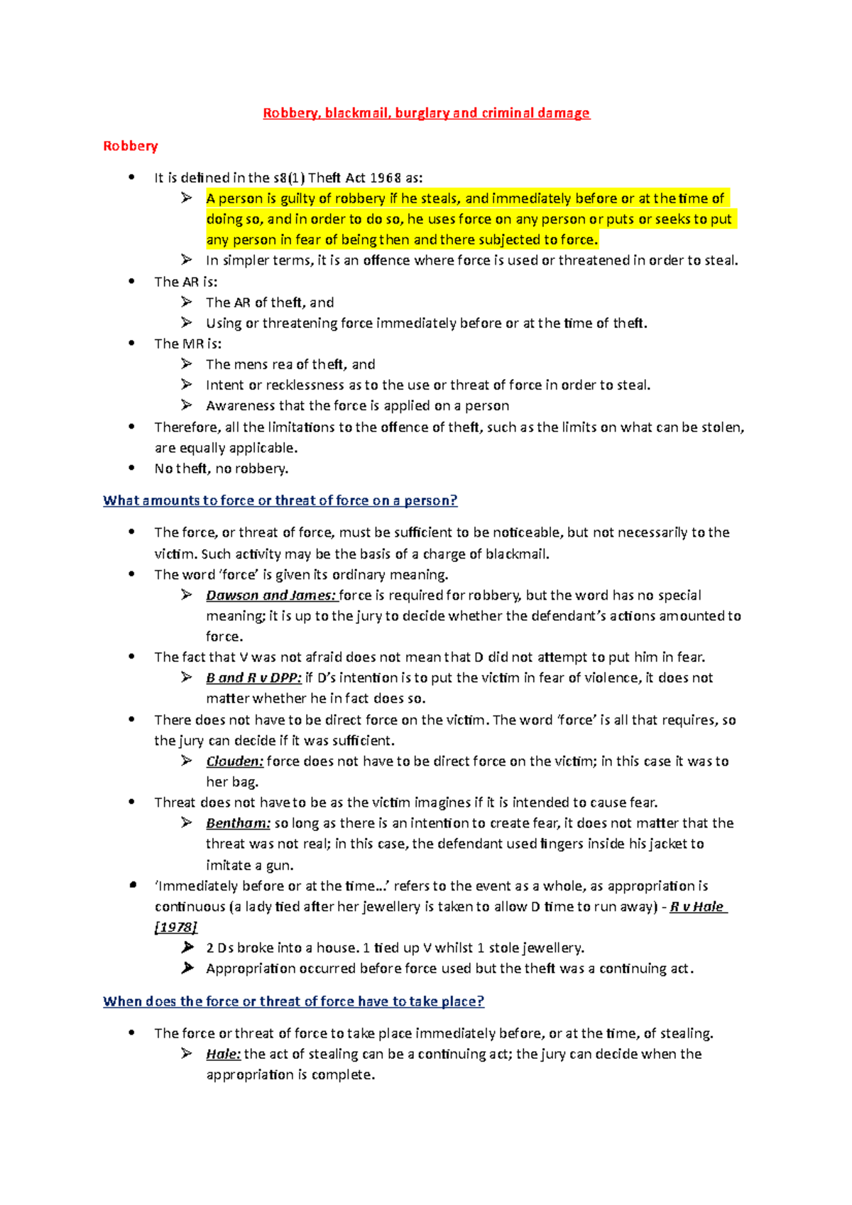 Robbery, blackmail and burglary notes - Robbery, blackmail, burglary ...