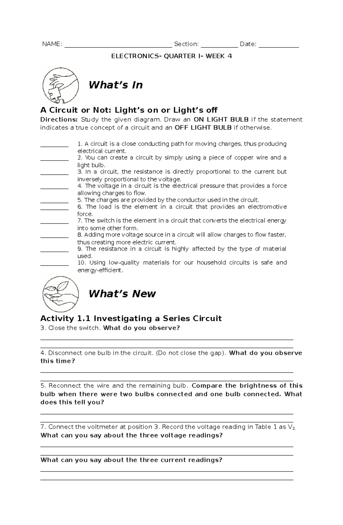 Electronics Q1 M2 W4 Answer Sheet - NAME: ___________________________________ Section ...