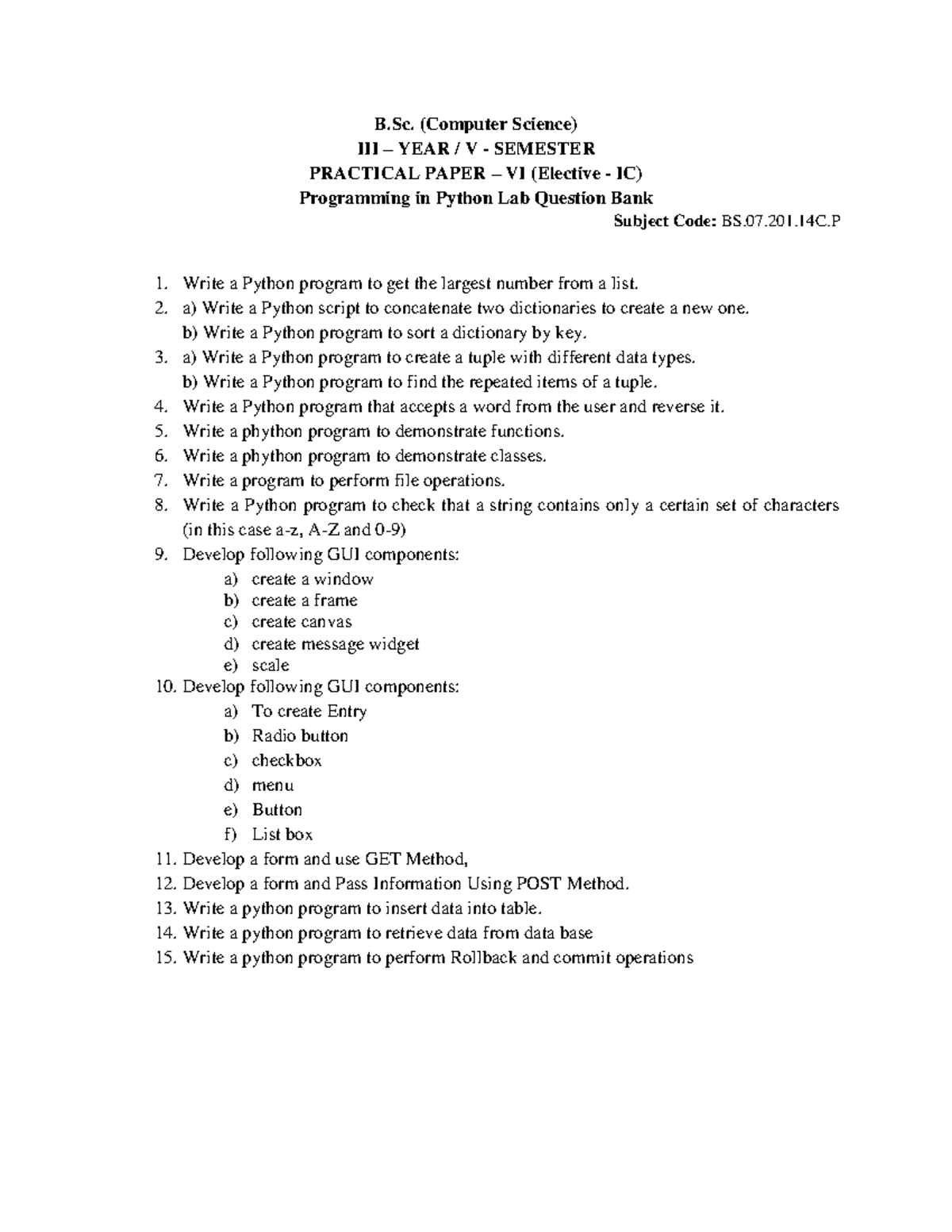 Programming In Python Lab B Computer Science Iii Year V