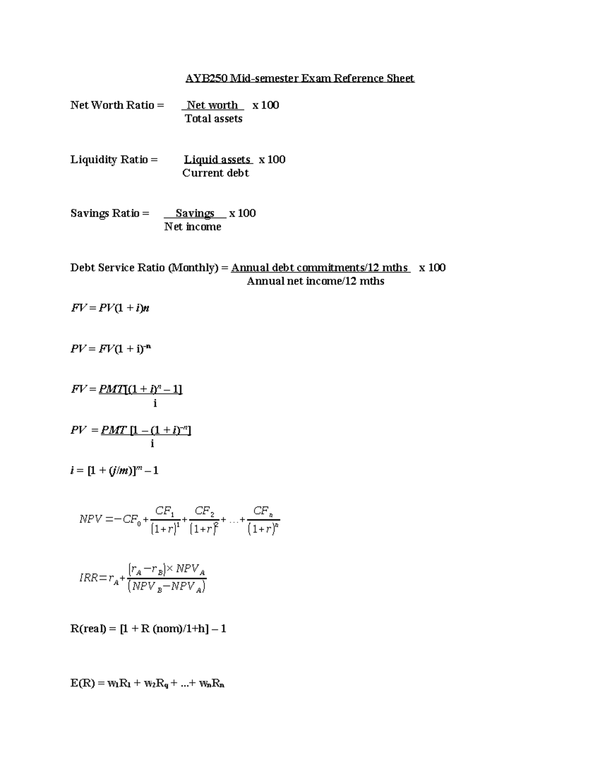 Reference Sheet - AYB250 Mid-semester Exam Reference Sheet Net Worth ...